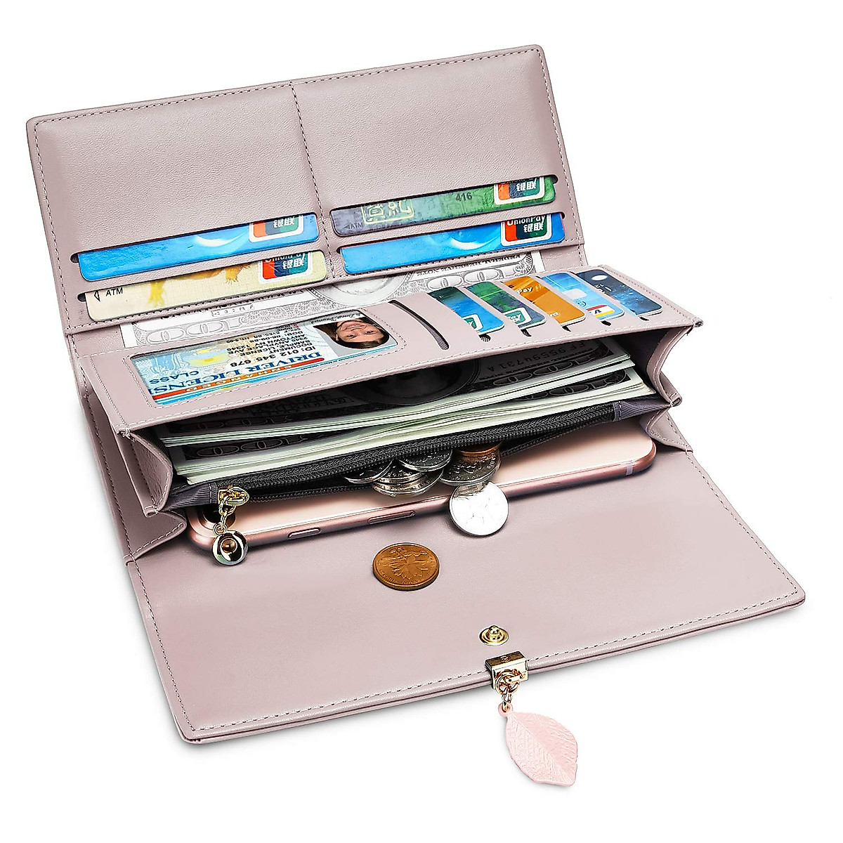 YALUXE Wallet for Women RFID Blocking Genuine Leather Leaf Pendant Snap Card Holder Organizer Zipper Coin Purse