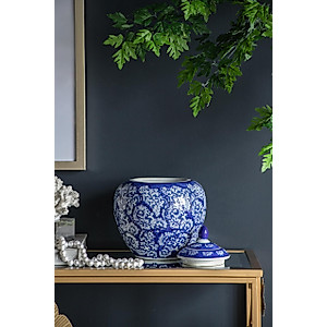 A&B Home 10'' Decorative Antique Porcelain Jar with Lid Flower Pot Planter Blue and White Vase Floral Print Centerpiece Home Decor Indoor Outdoor