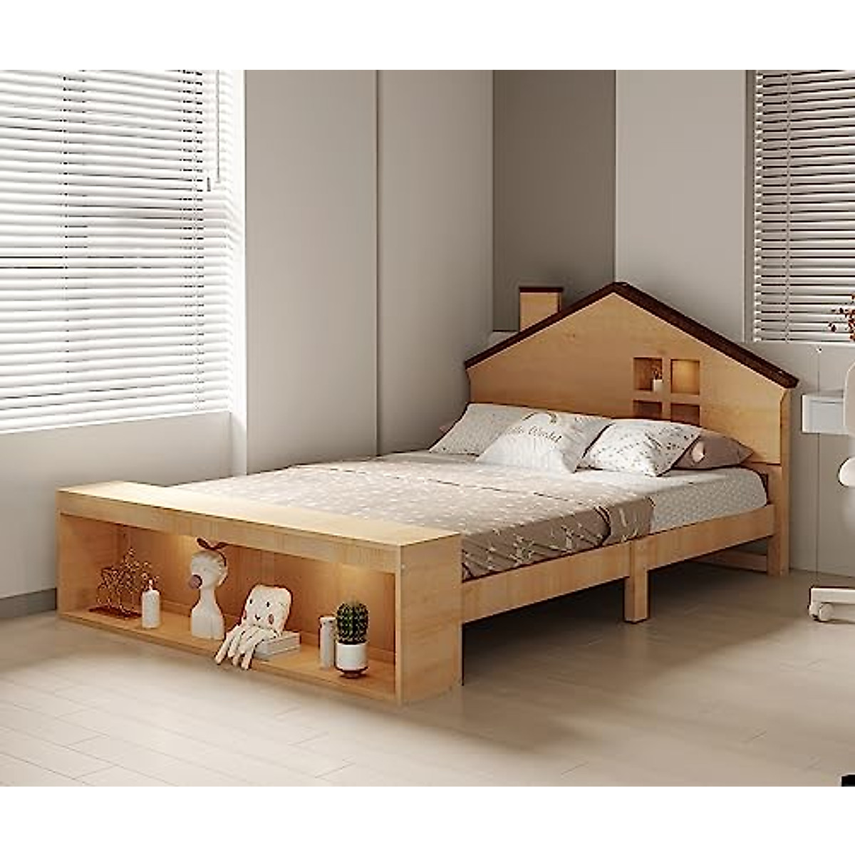 Melpomene Full Size Wood House Bed with LED Lights, Kids Platform Bed Frame with Storage Footboard for Girls, Boys,Natural