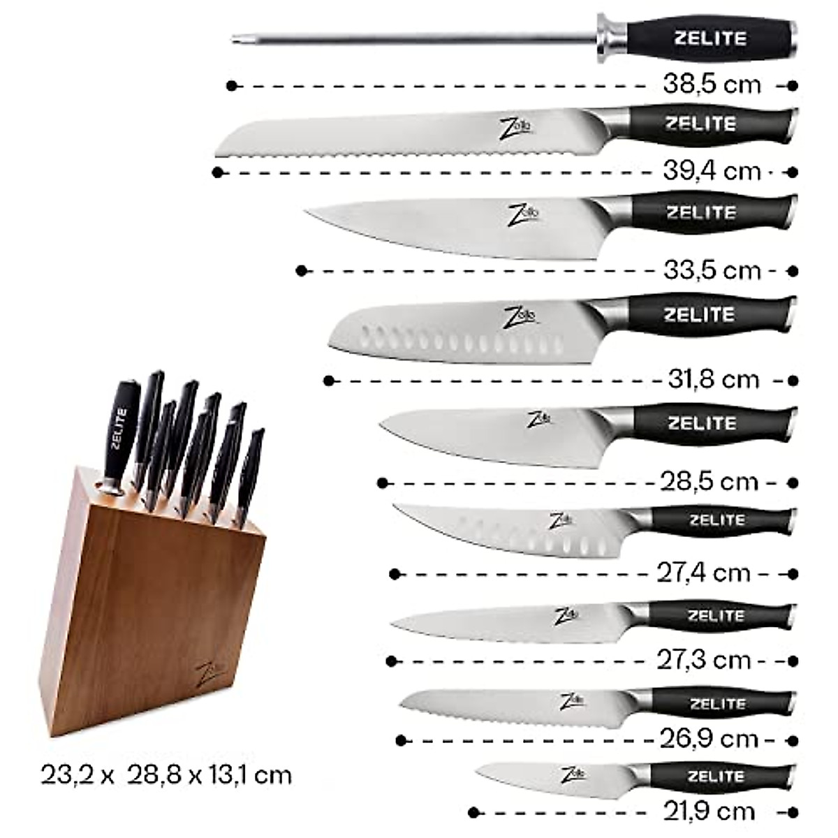 Zelite Infinity Knife Block Set (9-pc), Kitchen Knife Set, Knife Sets for Kitchen with Block - German Knife Set in High Carbon Stainless Steel - INCL. 8 Professional Knife Set & Honing Steel 10 Inch