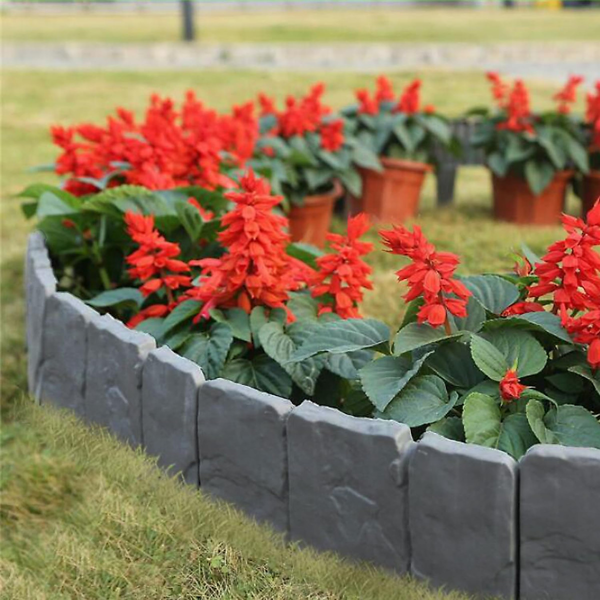 MYOYAY 80pcs Garden Landscape Border Edging - 65ft Plastic Fencing Lawn Border Stone Effect Fence for DIY Decorative Flower and Grass Bed Edging,Interlocking Outdoor Lawn Stakes(Grey)