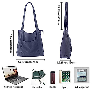 Corduroy Tote Bag for Women Girl with Front Pocket and Zipper Shoulder Handbags Simple Canvas Purse, Grey