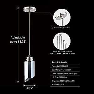 MOTINI Cylinder Pendant Light Clear Handmade Crystal 8W LED Polished-Nickel Modern Style Lighting Fixture (ETL Listed) Hanging Lights for Kitchen Island Dining Room Hallway Interior