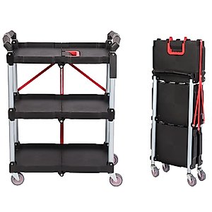 lesolar Portable Folding Service Cart - 3 Tier 150LBS Capacity - Rolling Cart Utility Cart Foldable Cart with Wheels for Warehouse Home, Black