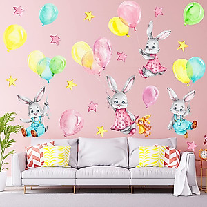 SITAKE Wall Stickers for Kids, Cute Bunny and Balloon Wall Decals, Animal Wall Stickers and Murals, Rabbit Wall Stickers for Girls' Bedroom Nursery Living Room Playroom (Bunny Balloon)