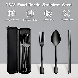 Portable Travel Utensils Set with Case 18/8 Stainless Steel Cutlery Set Include Fork Spoon and Chopsticks with Case Reusable Utensil Set for Work (Black)