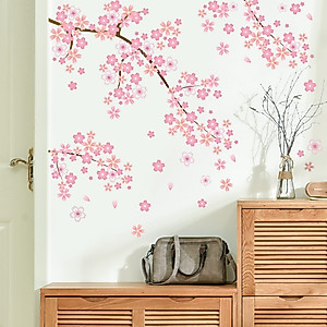 RW-045 Giant Pink Peach Blossom Wall Decals Plum Flowers Tree Branches Wall Stickers DIY Removable Cherry Floral Trees Petals Wall Decor for Kids Girls Bedroom Living Room Nursery Office Decoration
