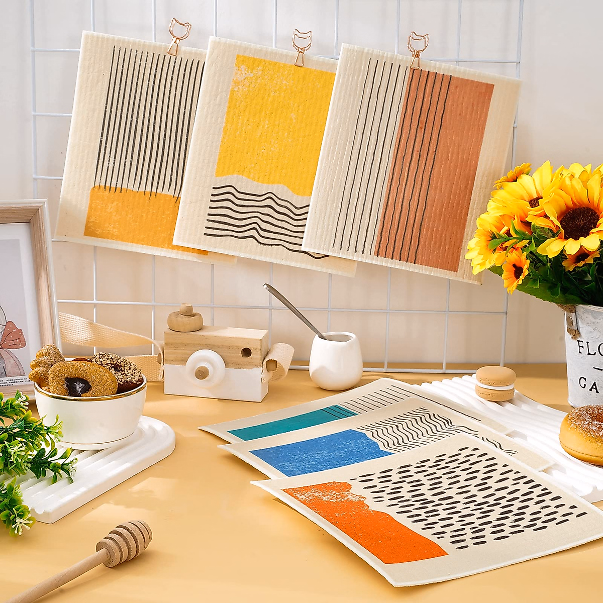 AnyDesign Abstract Swedish Dishcloths Multicolor Kitchen Dish Towel Reusable Minimalist Line Cotton Kitchen Towel for Home Party Housewarming Cleaning Counter Wipes, 7 x 8 Inch, 6Pcs