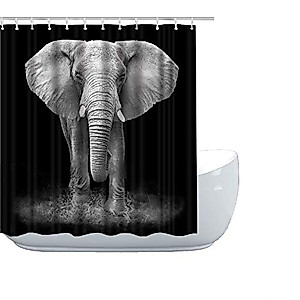 Amagical Elephant Art Black and White Photography 16 Piece Shower Curtain Set Bath Mat Set Non Slip Bathroom Mat Contour Rug Mat Toilet Cover Shower Curtain with 12 Hooks
