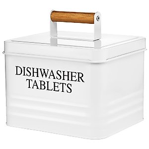 Calindiana Modern Farmhouse Metal Dishwasher Pods Container Holder with Lid for Kitchen Organization and Storage, Kitchen Essentials Decor Accessories, White