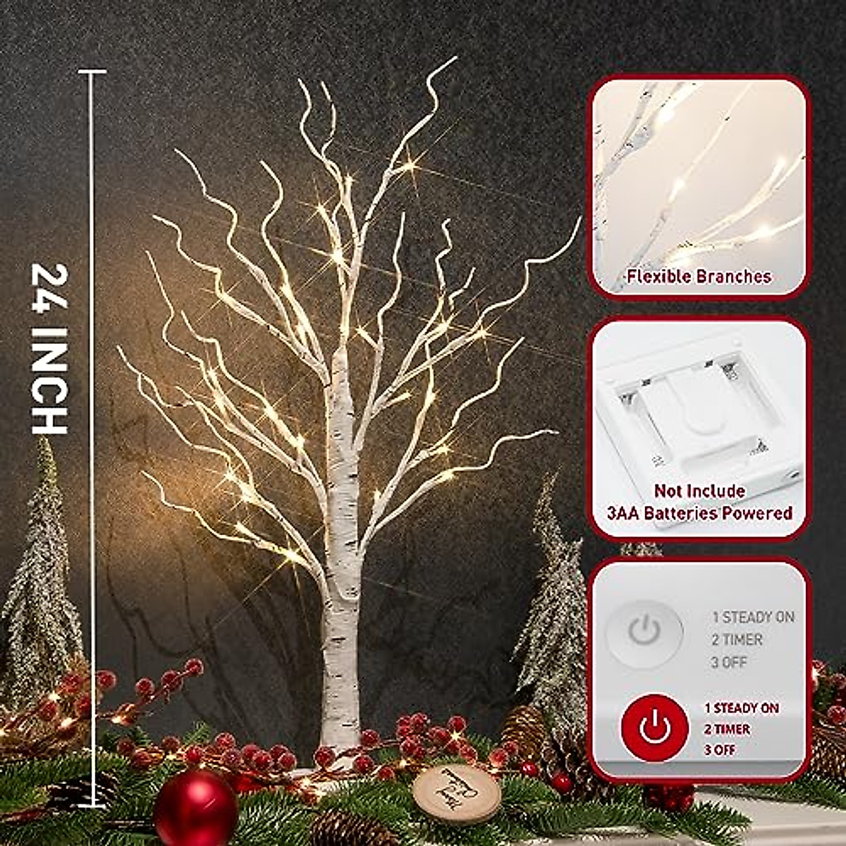 Vanthylit Tabletop Christmas Tree, White Birch Tree with LED Lights- Set of 2, Warm White Small Tree Lights Battery Powered Timer, Lighted Tree for Mantle Christmas Decorations (2FT, 24LED)