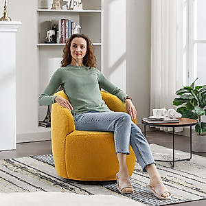 KIVENJAJA Swivel Barrel Chair, Teddy Sherpa Upholstered Modern Round Accent Arm Chairs, Boucle 360 Degree Swivel Small Single Sofa Armchair for Nursery Living Room Bedroom (Teddy, Yellow)