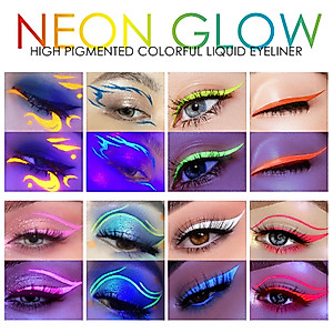 KYDA 8 Colors Neon Glow Liquid Eyeliner, Lasting Neon Matte Tint, Glow in the Dark Liner Pen, Quick Dry Fluorescent Rainbow Eyes Makeup, Under the Blacklight Colorful Eyeliner, by Ownest Beauty
