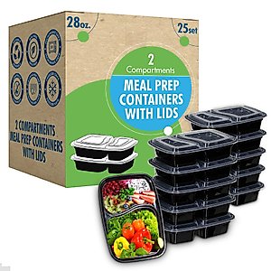 Meal Prep Container Reusable 2 Compartment With Lids 28oz (25 Sets)- Food Prep Containers, Food Storage Bento Box | Stackable | Microwave | Dishwasher | Freezer Safe.