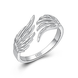 Hioed 925 Sterling Silver Feather Angel Wings Ring Adjustable Dainty Wrap Open Rings for Women