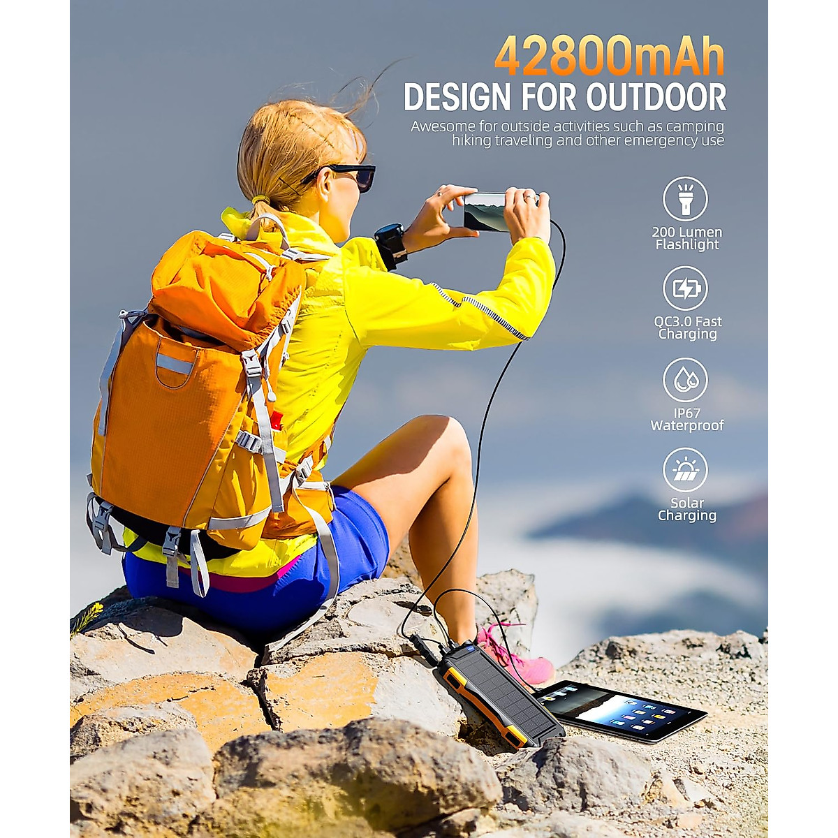 Power-Bank-Solar-Charger - 42800mAh Portable Charger,Solar Power Bank,External Battery Pack 5V3.1A Qc 3.0 Fast Charger Built-in Super Bright Flashlight (Orange)
