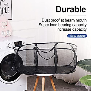 Vcgalu Mesh Pop Up 3 Compartment Laundry Sorter Hamper，Collapsible Laundry Basket with Durable Handles Solid Bottom High Carbon Steel Frame-Black