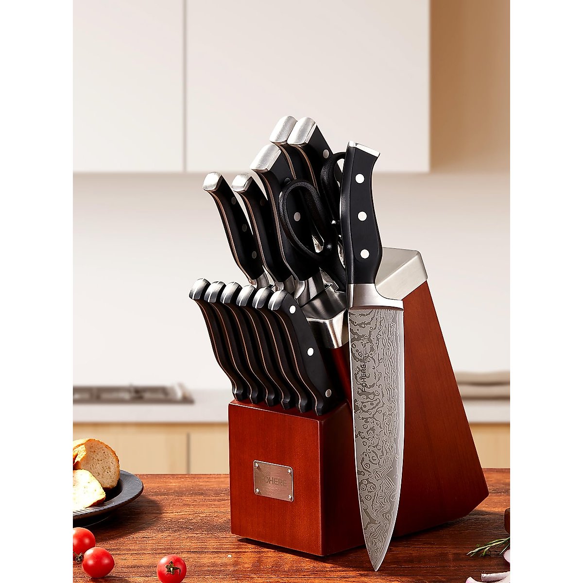 Knife Block Set, FOHERE 14 Pieces Razor-Sharp Self Sharpening Knife Set, High Carbon Stainless Steel Waved Pattern Knife Set with Block, Rust & Stain Resistant Kitchen Knives and Triple Riveted Handle