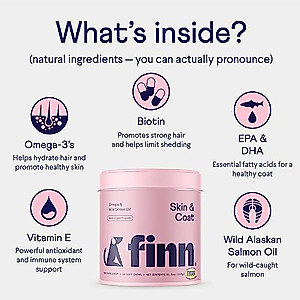 Finn Skin & Coat Salmon Oil Supplement for Dogs | Supports A Thick & Shiny Coat | Fish Oil from Wild Alaskan Salmon, Omega-3s, EPA & DHA, Biotin, & Zinc | 90 Soft Chews
