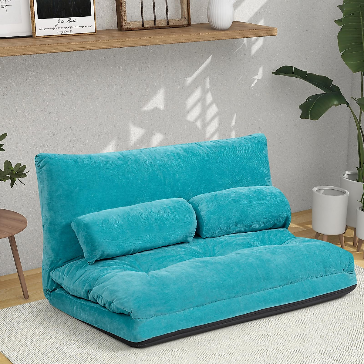 Moccha Convertible Floor Sofa Bed, 6-Position Adjustable Folding Sleeper Bed Lazy Sofa with 2 Pillows & Corduroy Fabric, Foldable Sofa Couch Recliner for Reading, Gaming, Sleeping, Playing, Turquoise
