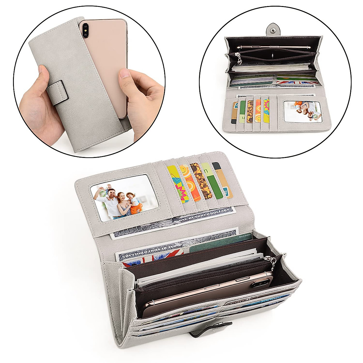 UTO RFID Wallet for Women Vegan Leather 18 Card Slots Card Holder Long Bifold Checkbook 5.5" Phone Blocking Tech Wallet Grey