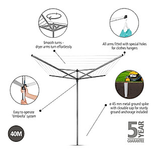 Brabantia Topspinner Rotary Dryer Clothesline with Ground Spike, 131 Feet, Silver