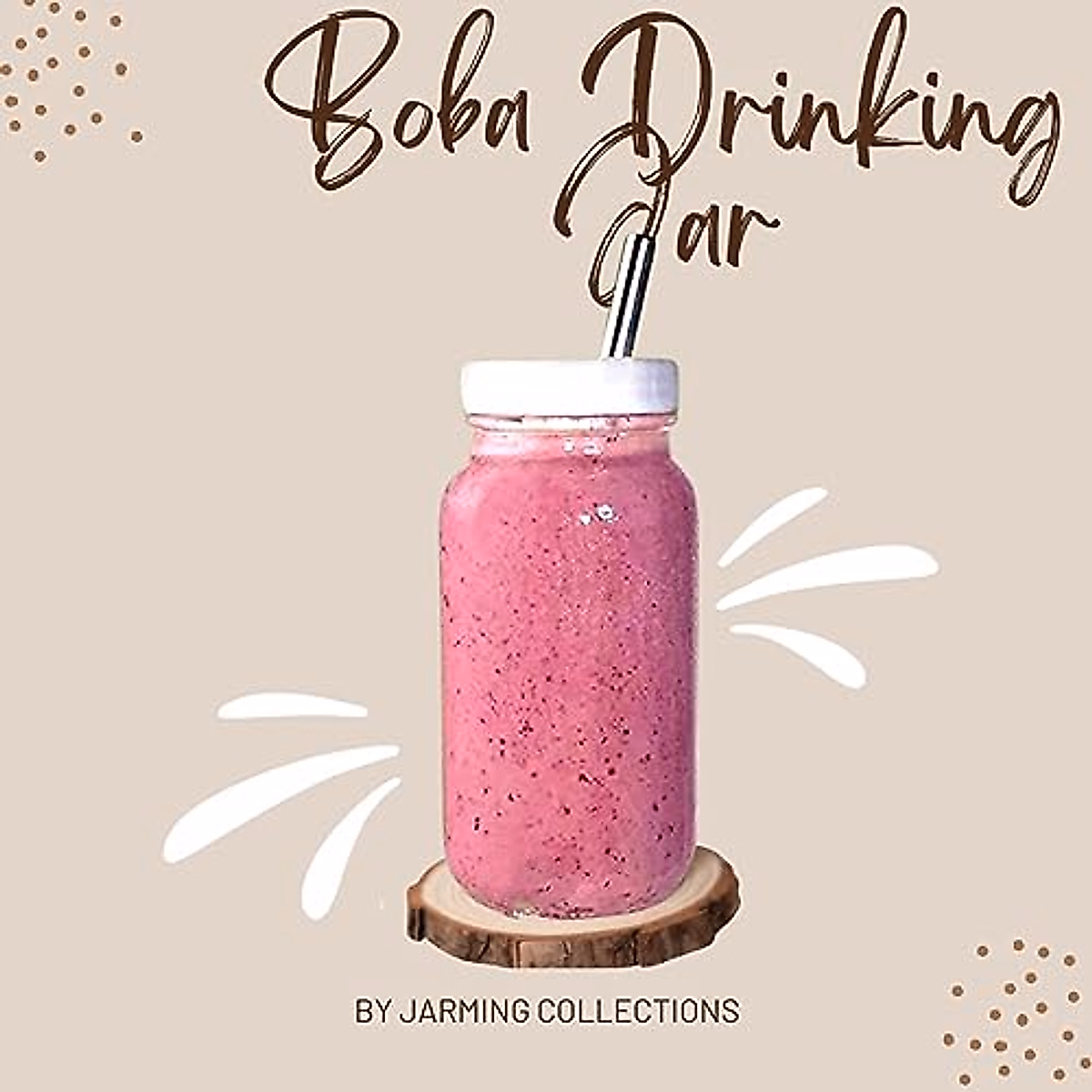 Reusable Smoothie Cup Regular Mouth 24 oz Mason Jar with Wide STAINLESS STEEL Straws Drinking Cups and Lids and Straws- Drinking Lid and BPA Leak Proof Caps by Jarming Collections
