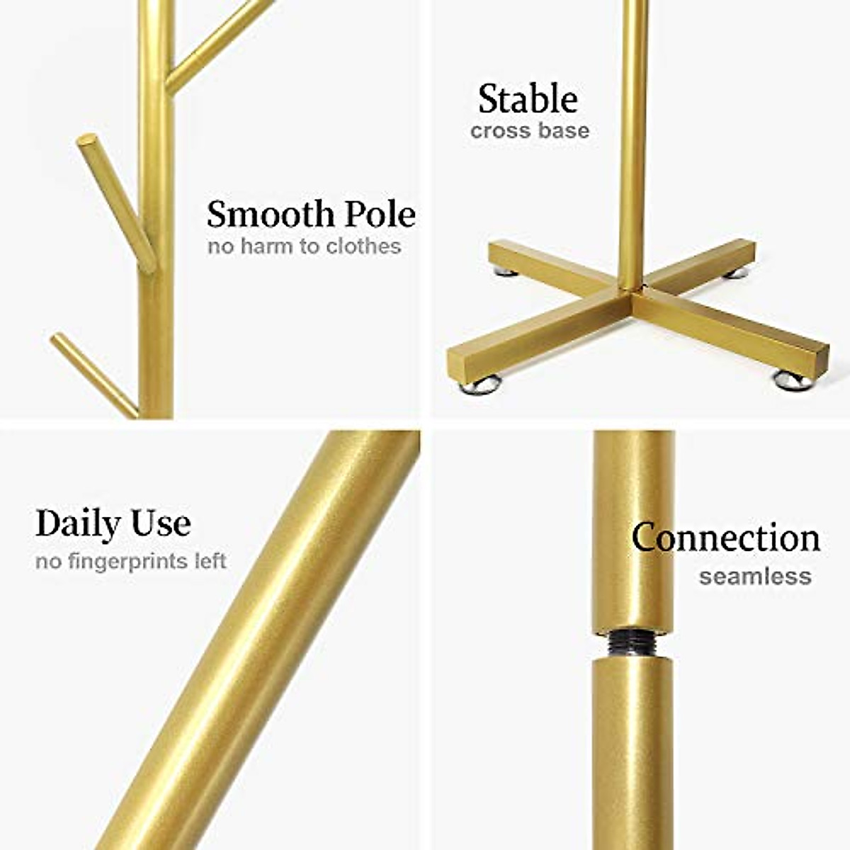 Jolitac Modern Metal Coat Rack in Gold Free Standing 7 Hooks Hall Tree in Corner, Hat Hanger & Coat Racks Stand Entryway Organizer for Clothes, Bags, Umbrella (Golden)