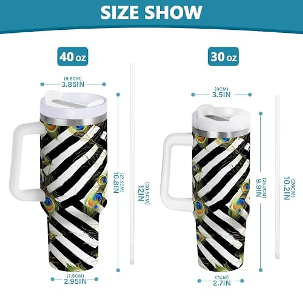 RPLIFE Vibrant Peacock Feathers Black White Striped Coffee Tumbler, Stainless Water Bottle, Cup with Lid
