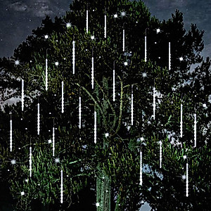 Vikdio Meteor Shower Rain Lights, 30cm 12 Spiral Tubes 360 LEDs 3.85m Lit Length Waterproof Snowfall LED Lights for Wedding Christmas Garden Tree Home Decor, Support 3 Sets Connected (White)
