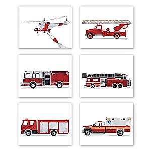 Fire Truck Decor - Set of 6 Prints // Firetruck Nursery Posters // Fire Engine Birthday Party Decoration // Transportation Wall Art for Boy Toddler Bedroom Picture // Ambulance // Rescue (8x10, Set 6)