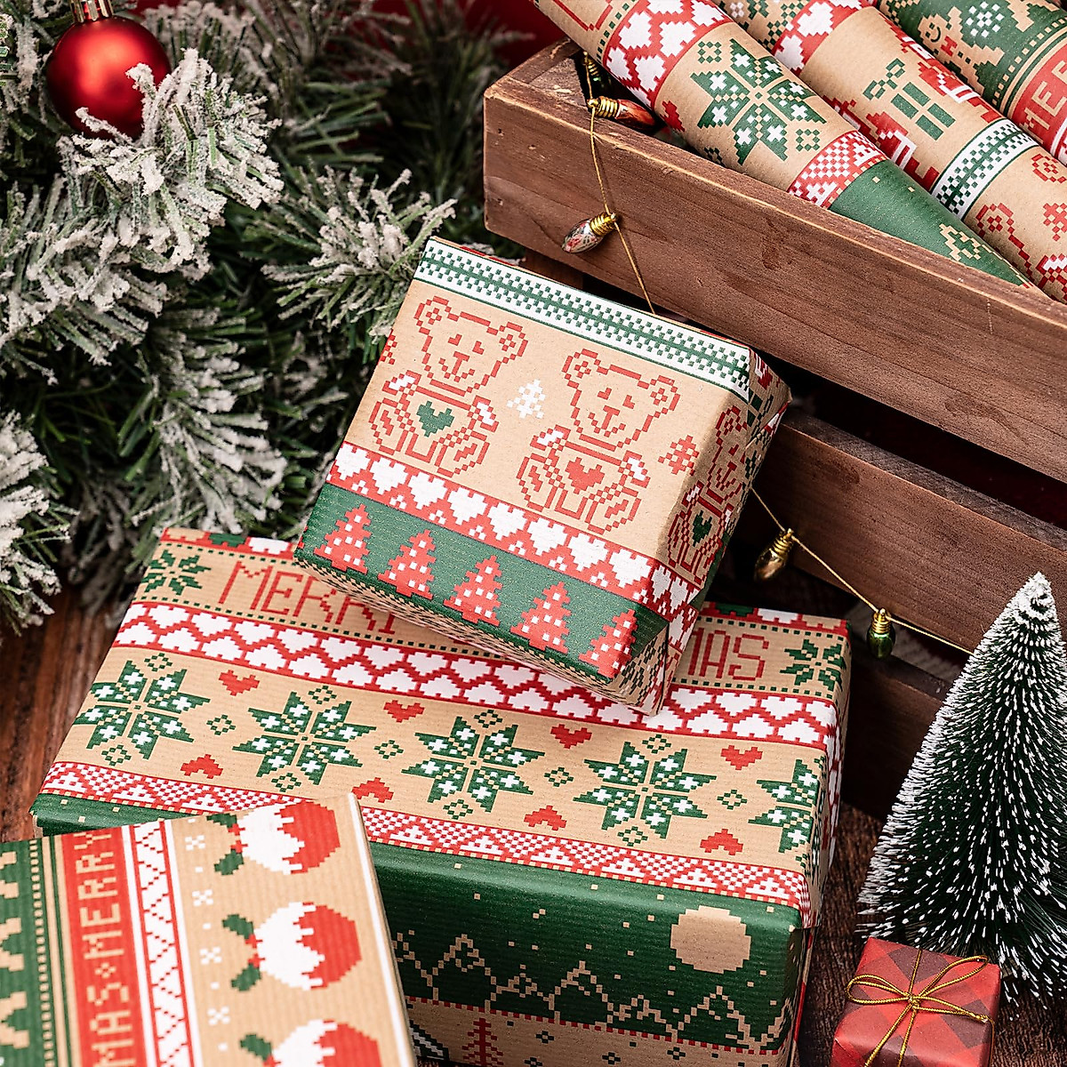 RUSPEPA Christmas Wrapping Paper Rolls - 17 inches x 10 feet per Roll, Total of 3 Rolls - Red and Green