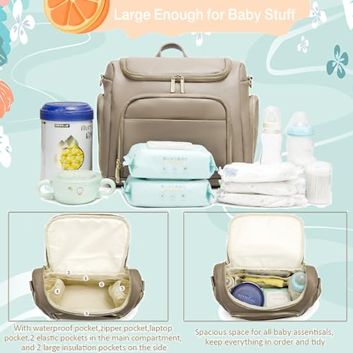 Leather Diaper Bag Backpack with Changing Pad - Multi-Function Large Capacity Baby Bag with Adjustable Shoulder Strap & Stroller Straps