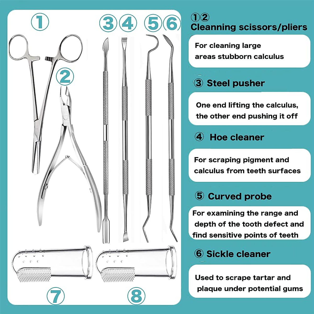 Qubccum 8 Pcs Dog Tartar Remover Pet Teeth Cleaning Tool, Cat Plaque Off Calculus Remover, Dog Tooth Scaler and Scraper, Stainless Steel Dental Forceps for Dogs and Cats Oral Care