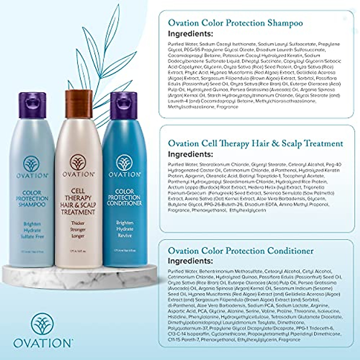 Ovation Hair Color Protection Cell Therapy 6 oz System - Color Protection Shampoo and Conditioner, Cell Therapy Hair & Scalp Treatment - Hair Treatment Set to Brighten and Hydrate Color-Treated Hair