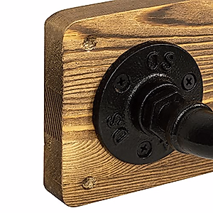 MyGift Burnt Wood Broom Rack Wall Mount for Laundry Room with Industrial Metal Bar and 5 S-Hooks, Household Cleaning Tools Closet Organizer