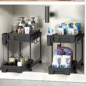 LBW 2 Packs Under Sink Organizer and Storage, 2 Tier Sliding Bathroom Cabinet Organizers Multi-Purpose Kitchen Organization and Storage，Drawer Pantry Organizer with Hooks,Black (Pack of 2)