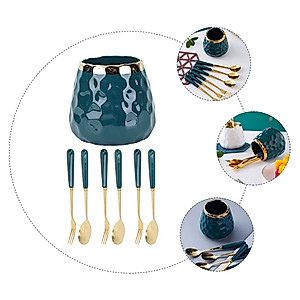BESTonZON 1 Set Fork Spoon Ceramic Jar Dessert Fork Serving Spoon Utensil Holder for Storage Yogurt Spoons Tabletop Decor Utensil Supply Silverware Kitchen Utensil Phnom Penh Ceramics Coffee