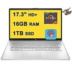 HP 17 Business Laptop Computer 17.3" HD+ Touchscreen AMD 6-Core Ryzen 5 5500U (Beats i7-1160G7) 16GB RAM 1TB SSD AMD Radeon Graphics USB-C Up to 7 Hours of Battery Life Win10 + HDMI Cable