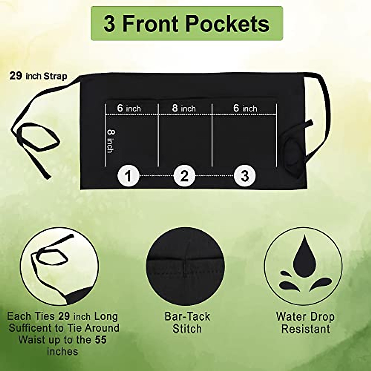 RUVANTI 6 Pack Server Aprons with 3 Pockets - Waitress Waiter Waist Apron, Half Apron with Long Waist Strap, Waitress Apron for Women and Man - Black Short Aprons