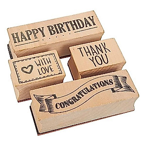 4-Piece Card Making Stamps Set - Wood Mounted Rubber Stamps for Card Making, DIY Crafts, Scrapbooking - Happy Birthday, Thank You, Congratulations, with Love