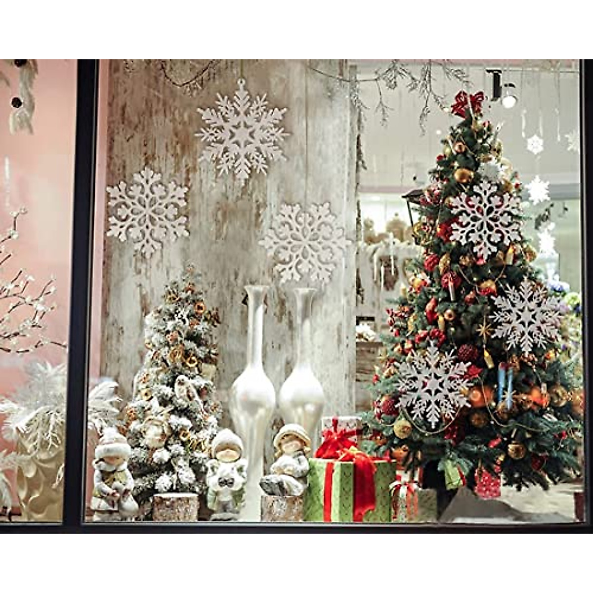 6pcs Large White Snowflakes Ornaments 12” Big Plastic Glitter Snowflake for Winter Indoor Outdoor Christmas Tree Window Room Decorations Giant Craft Snowflakes