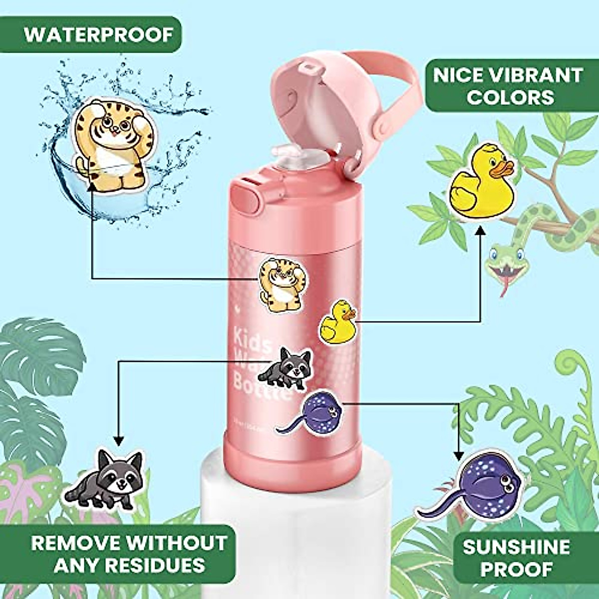 200-PCS Animal Stickers for Kids, 4 Packs (50/Pack) - Shiny Cute Animal Stickers for Water Bottles, Laptop, Skateboard, Notebook - Reusable Animal Vinyl Stickers - Waterproof (StackorsBeast)