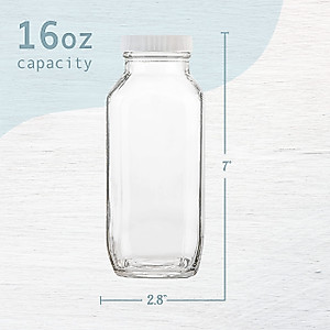 kitchentoolz 16oz Square Glass Milk Bottle with Plastic Airtight Lids - Vintage Reusable Dairy Drinking Jars Containers for Milk, Yogurt, Smoothies, Kefir, Kombucha, and Water- Pack of 2
