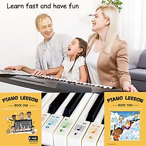 QMG Color Piano and Keyboard Stickers and Complete Color Note Piano Music Lesson and Guide Book 1 and Book 2 for Kids and Beginners; Designed and Printed in USA