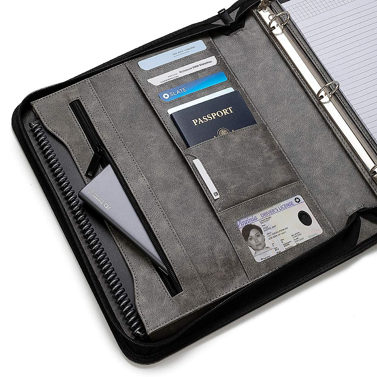 Forevermore Portfolios Padfolio Binder - Professional Faux Leather Travel Organizer Pouch for Tablet, Documents, Presentation Folders, Zipper Closure, Detachable 3-Ring Notepad - Gray