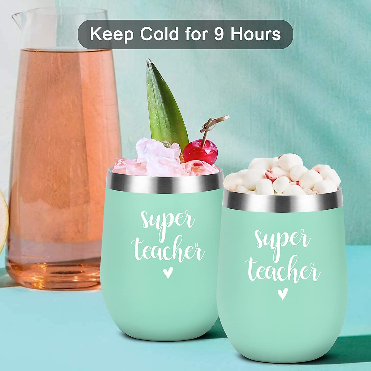 Super Teacher Stainless Steel Wine Tumbler, Christmas Birthday Appreciation Retirement Teacher’s Day Thank You Gifts for Teacher Tutor Professor Women, 12oz Insulated Wine Tumbler with Lid, Mint Green