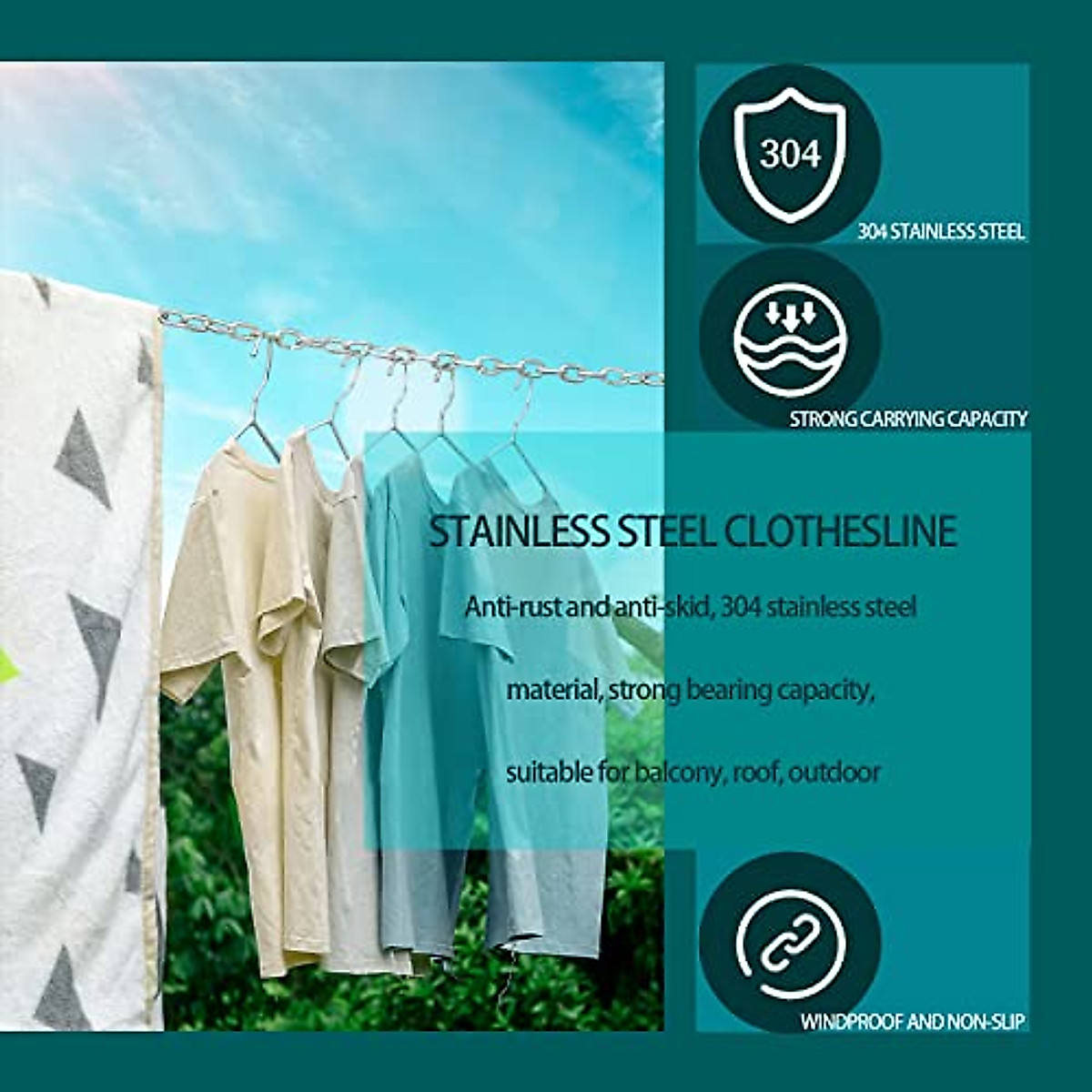 XIANYI 304 Stainless Steel Clothesline,Heavy Duty Outdoor Clothesline,Outdoor Clothesline Chain Clothes Windproof Anti-Slip,Travel Clothesline 3 M/9.8 FT, Silver