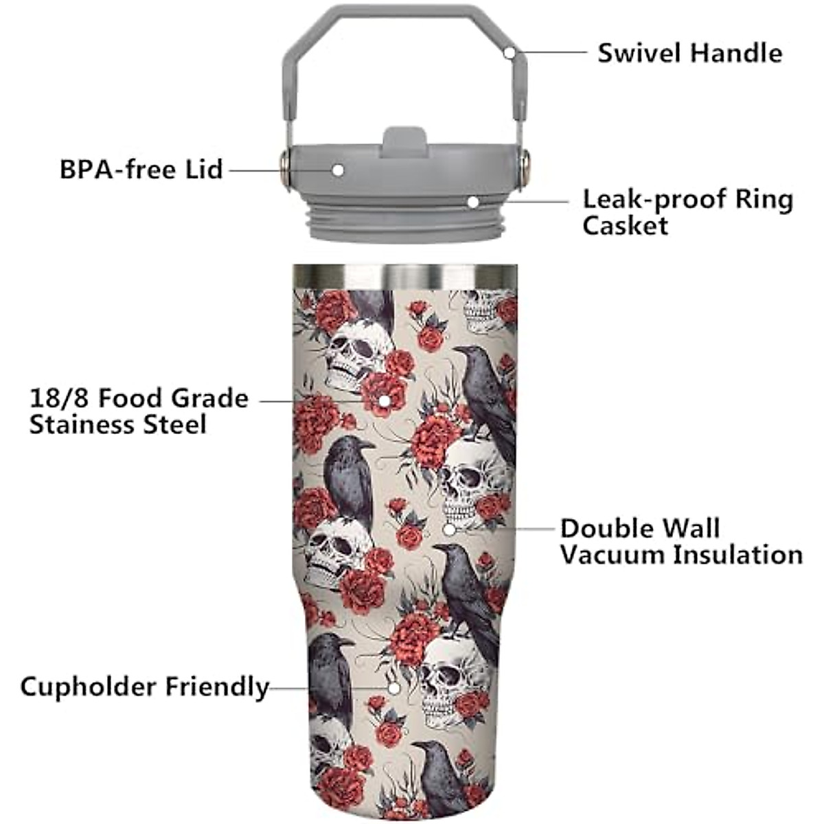 ysnifeiw 30oz Halloween Tumbler with Top Handle and Straw, Stainless Steel Insulated Gohst Pumpkin Cup Halloween Skeleton Coofee Mug Gifts for Women Men