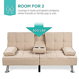 Best Choice Products Linen Upholstered Modern Convertible Folding Futon Sofa Bed for Compact Living Space, Apartment, Dorm, Bonus Room w/Removable Armrests, Metal Legs, 2 Cupholders - Beige